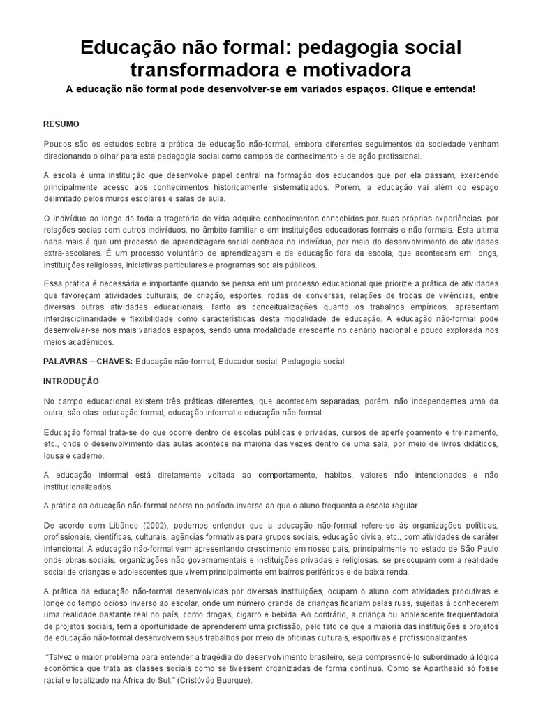 Educação Não Formal Pedagogia Social Transformadora E Motivadora