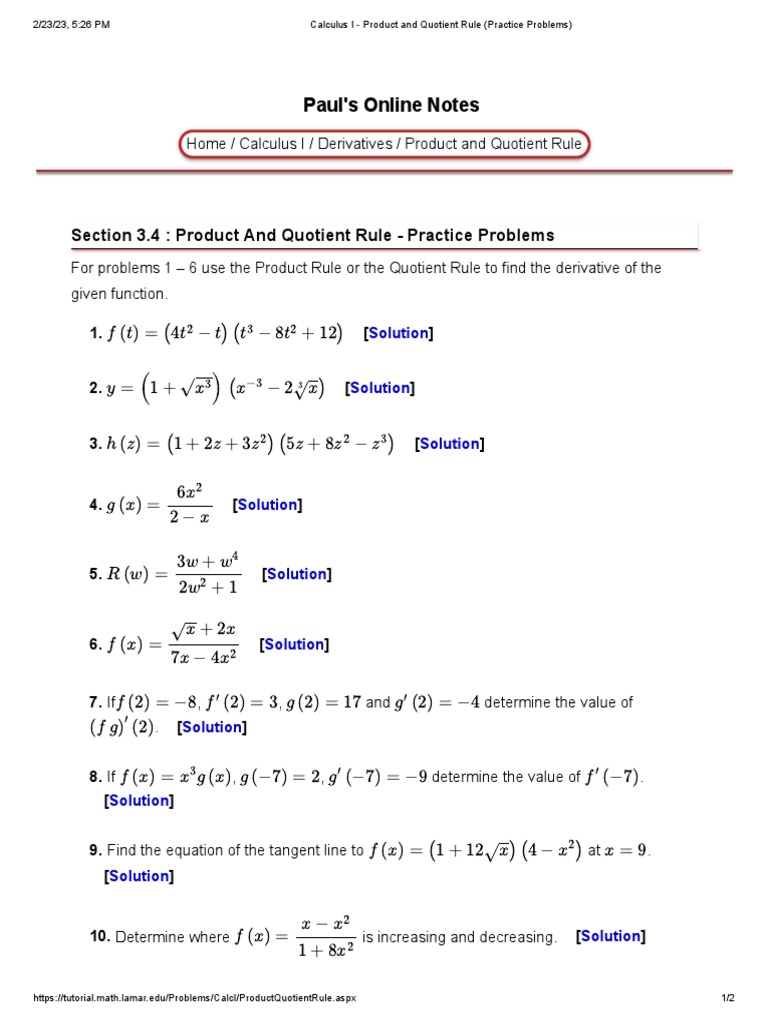Calculus I Product and Quotient Rule Practice Problems | PDF | Derivative | Calculus