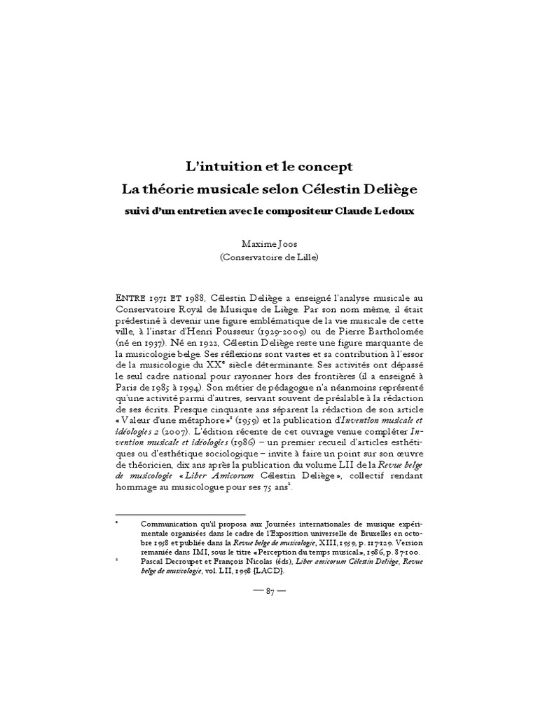 La Theorie Musicale Selon Celestin Deliege Maxime Joos | PDF ...