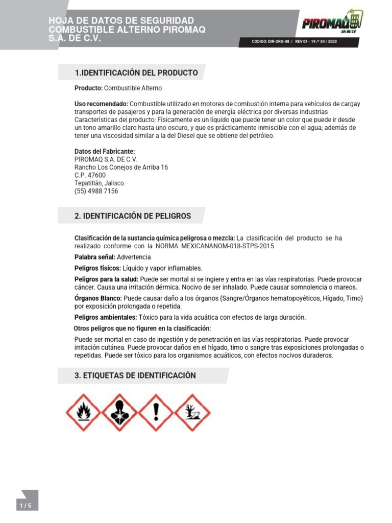 Hoja de Seguridad: Combustible Alterno Piromaq | PDF | Agua | Combustibles