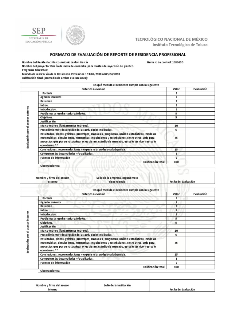 Formato de Evaluación de Reporte de Residencia Profesional | PDF | Evaluación | Estadísticas