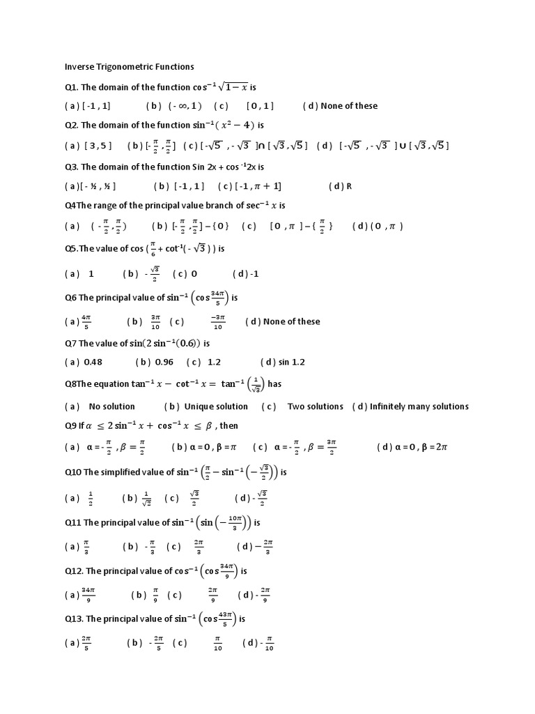 Inverse Trigonometric Functions MCQs | PDF | Function (Mathematics ...