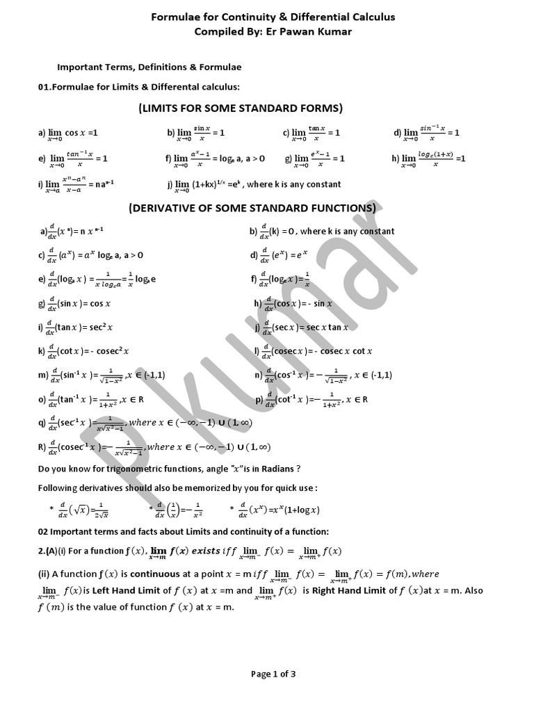 Samplenote Formula Sheet of Continuity & Differentability 1462984037 57335d6563f4c 42040 | PDF ...