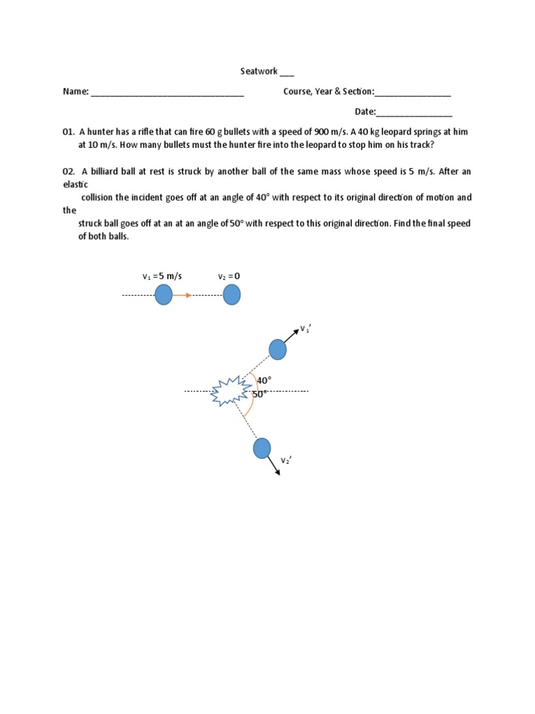 Physics Seatwork: Momentum & Collisions | PDF