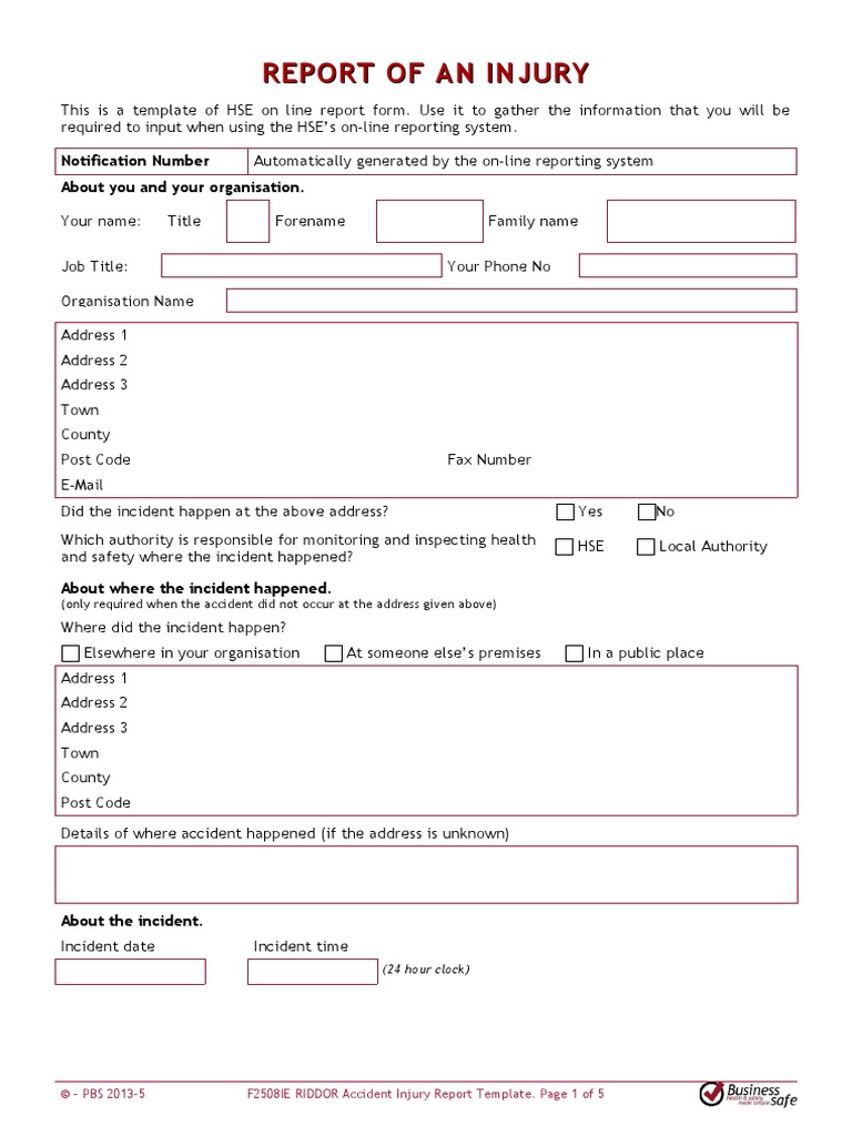 RIDDOR Injury Report Form Template | PDF
