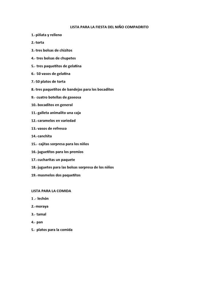 Lista para La Fiesta Del Niño Compadrito | PDF