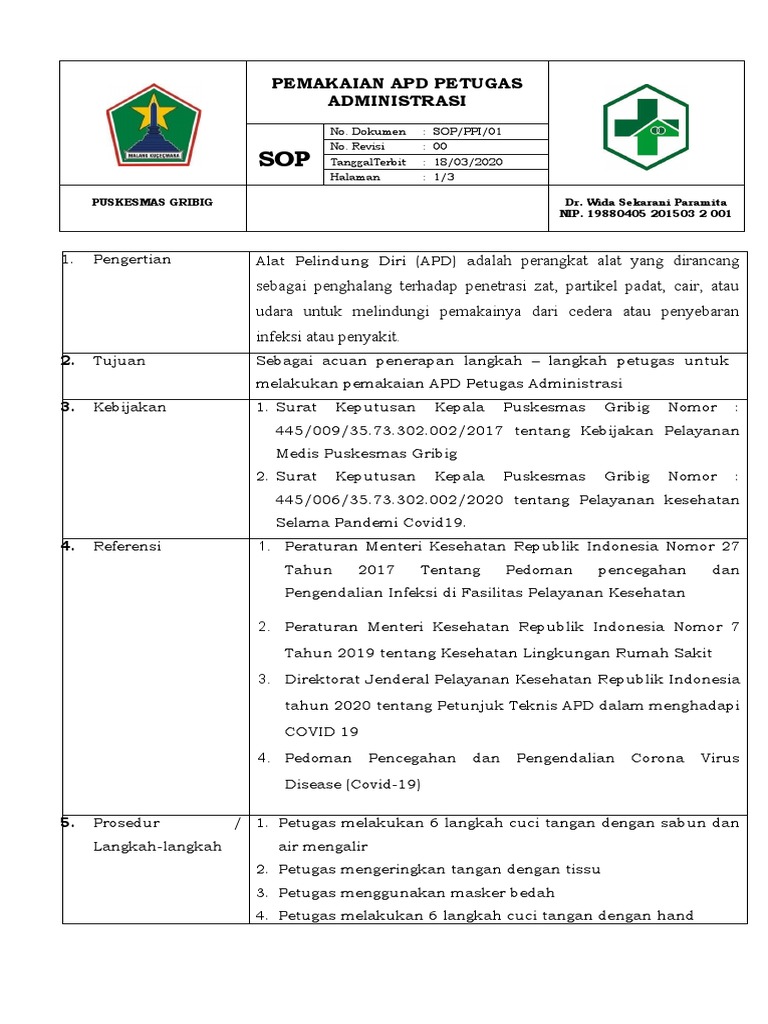 1 Sop Pemakaian Apd Petugas Admin | PDF