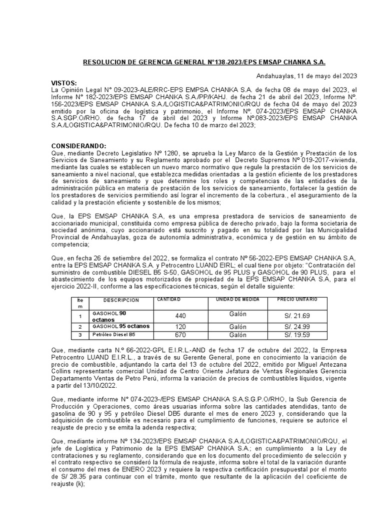 RESOLUCION DE GERENCIA GENERAL 138 REAJUSTE COMBUSTIBLE Contrato 56 ...