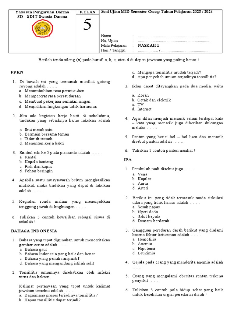 Soal Kelas 5 MID Semester 2 Naskah 1 TP. 2023 - 2024 | PDF