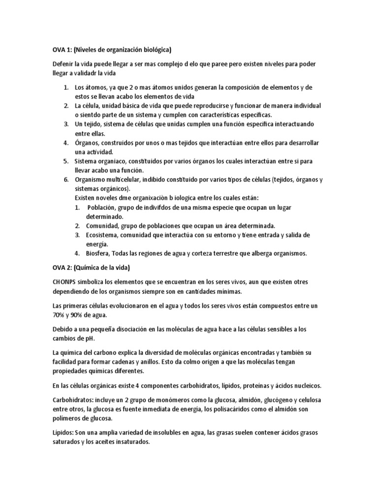 OVA 1: (Niveles de Organización Biológica) | Descargar gratis PDF | Organismos | Compuestos ...
