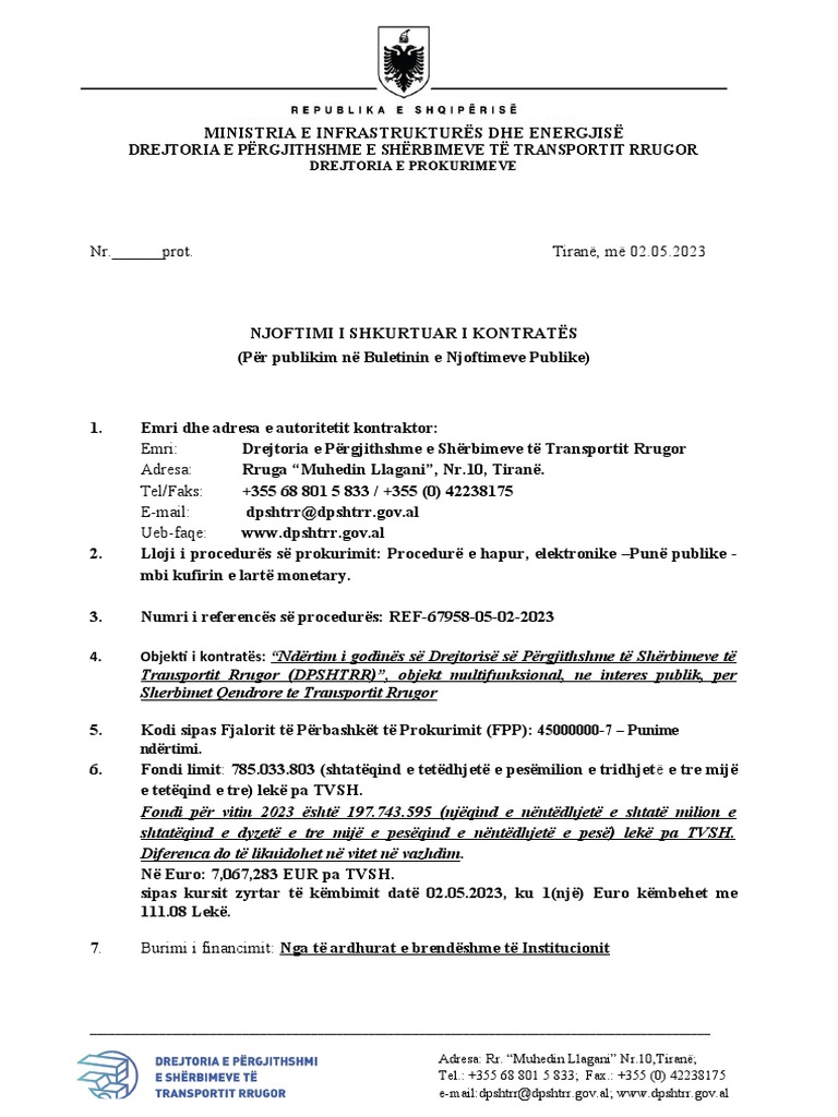 Njoftimi I Kontrates ND DP Dt.05.06.2023 | PDF