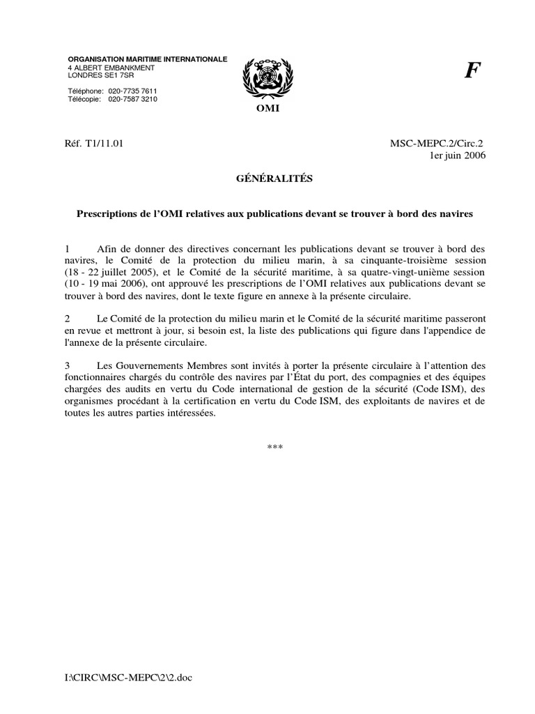 MSC-MEPC.2-Circ.2 - Prescriptions de L-OMI Relatives Aux Publications ...