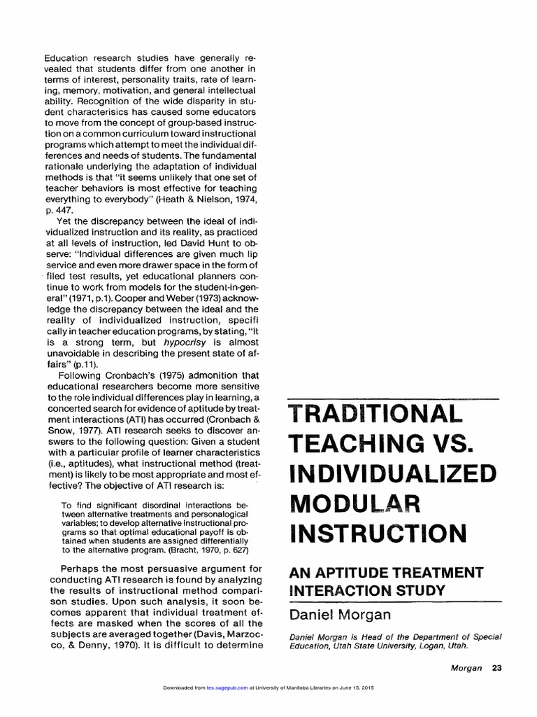 TRADITIONAL TEACHING VS. INDIVIDUALIZED MODULAR INSTRUCTION AN APTITUDE ...