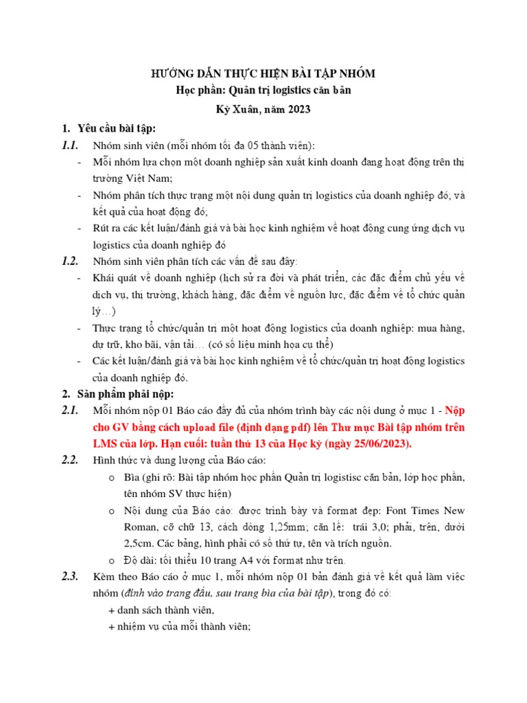 X2023 - HD bài tập nhóm - Quản trị logistics căn bản | PDF