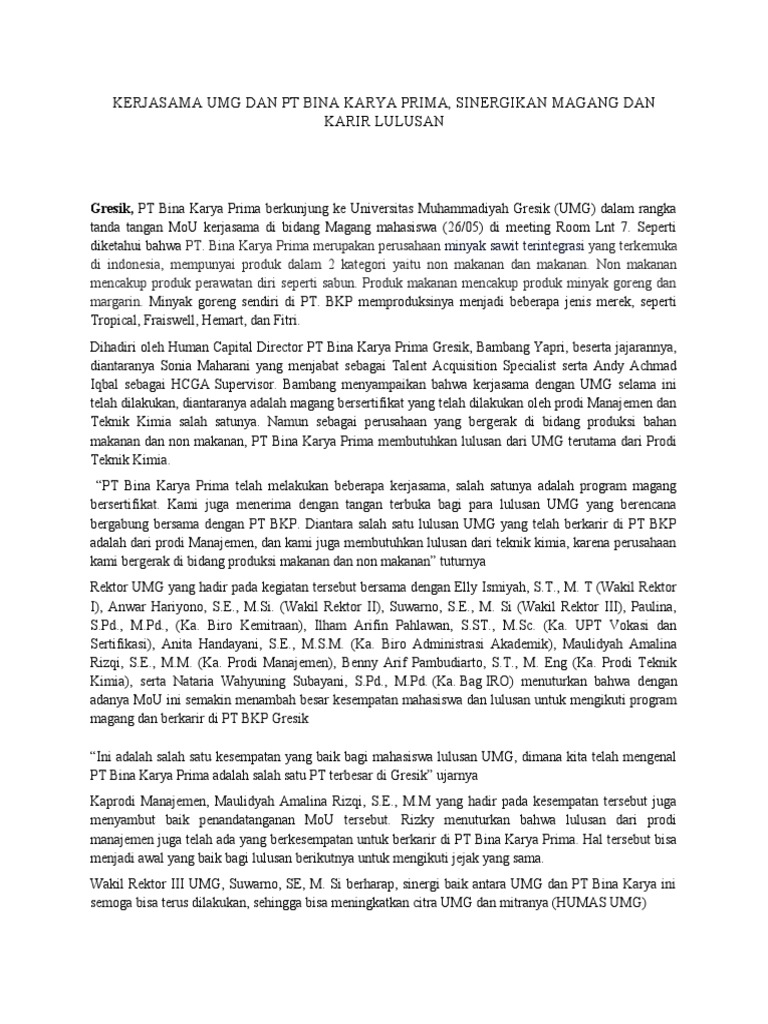 Kerjasama Umg Dan PT Bina Karya Prima | PDF