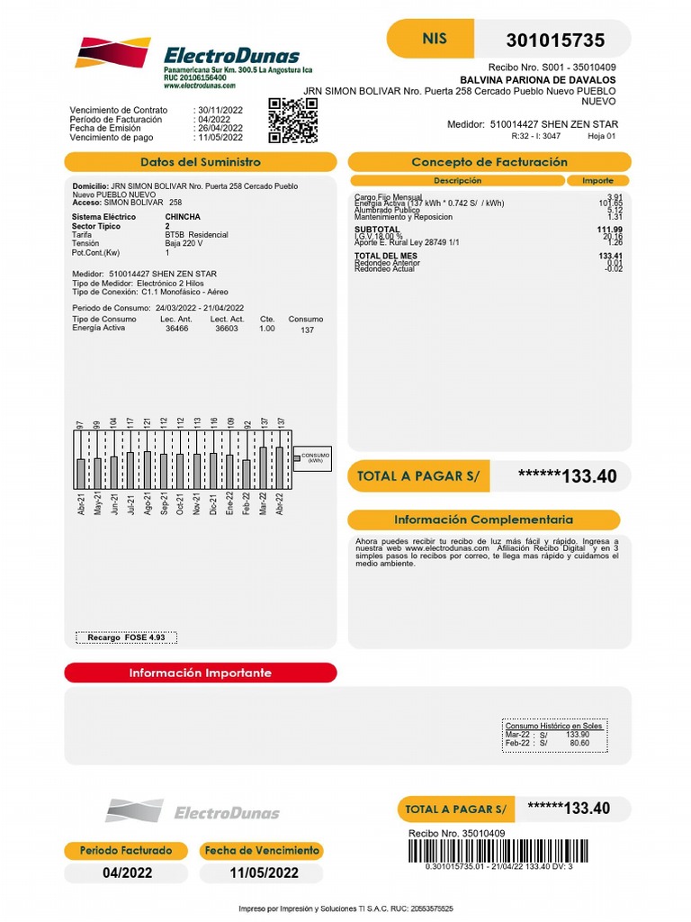 Recibo Electrodunas Balvina Pariona | PDF