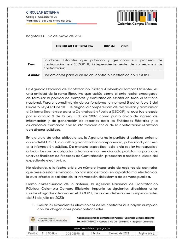 Circular Externa 002 2023 Cierre Contratos Secopii | PDF | Gobierno