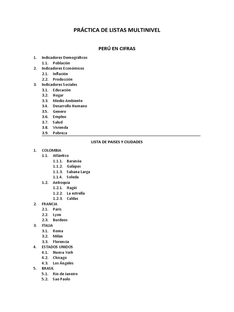PRÁCTICA DE LISTAS MULTINIVEL 1ero 26-08-2021 | PDF