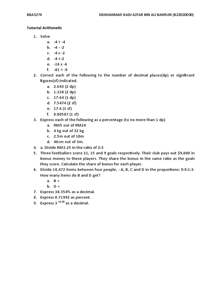 Tutorial Arithmetic - A BBA3274 Quantitative Method For Business | PDF | Significant Figures ...