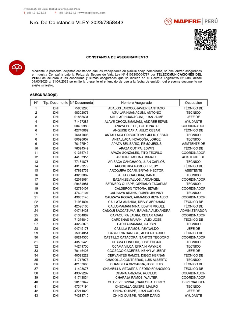 01 - Constancia Seguro Vida Ley - May - Jul | PDF