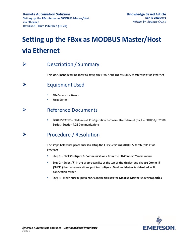 Fbx Setting Up Modbus Over Ethernet Pdf Telecommunications Network Protocols