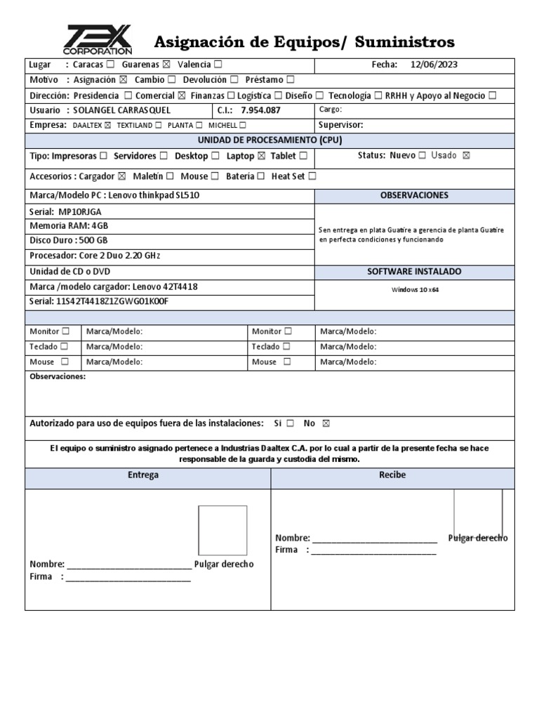 Asignación y Uso de Equipos Daaltex | PDF | Lenovo | Informática