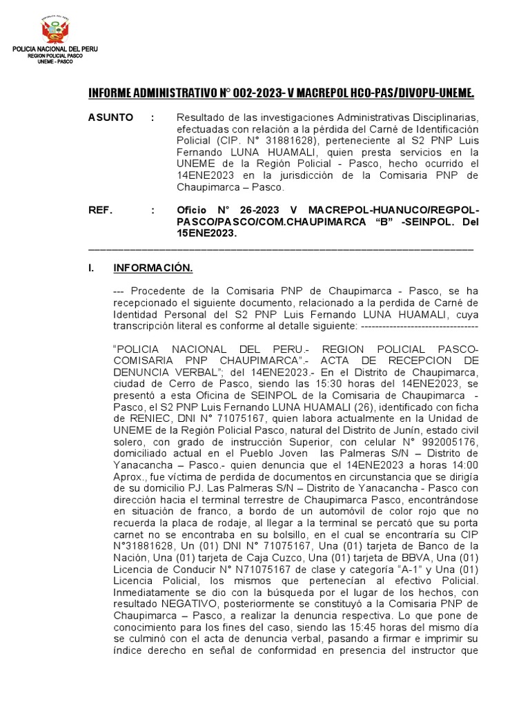 Informe Administrativo | PDF | Disciplinas