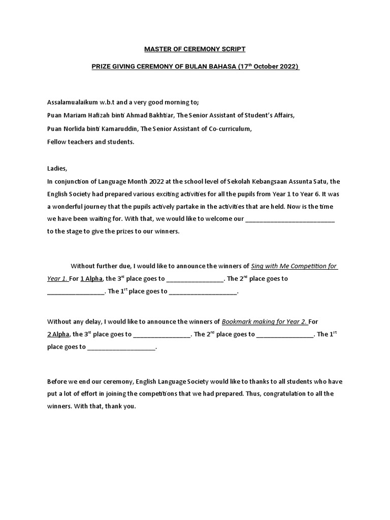 Master of Ceremony Script (Language Month Prize Giving Ceremony) | PDF