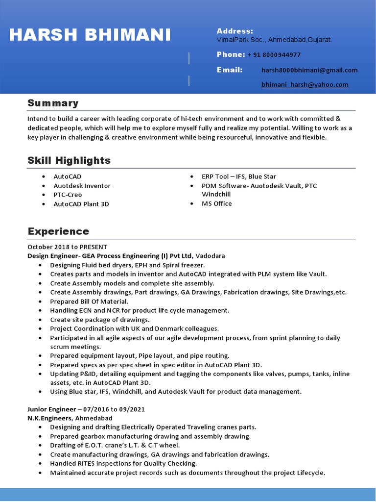 Harsh Bhimani C.V.0404 | PDF | Autodesk | Product Lifecycle Harsh Bhimani C.V.0404 | PDF | Autodesk | Product Lifecycle