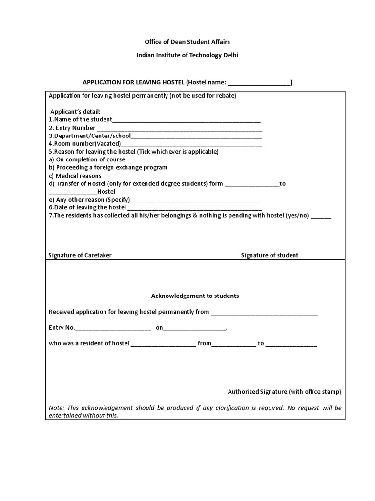 (Form 2) Hostel Leaving | PDF