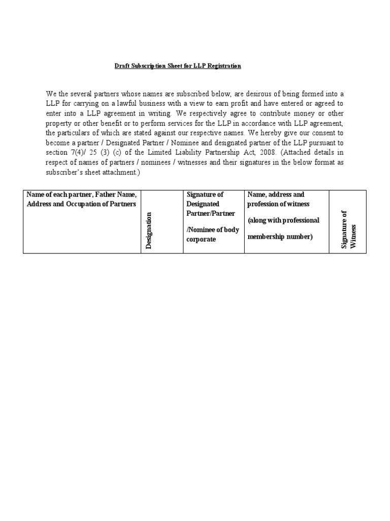 LLP Subscriber Sheet of Partners | PDF