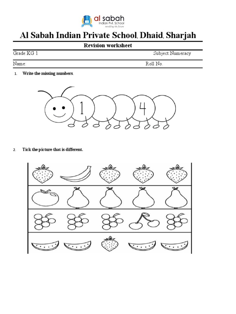 Numeracy revision worksheet KG1 2023-24 | PDF