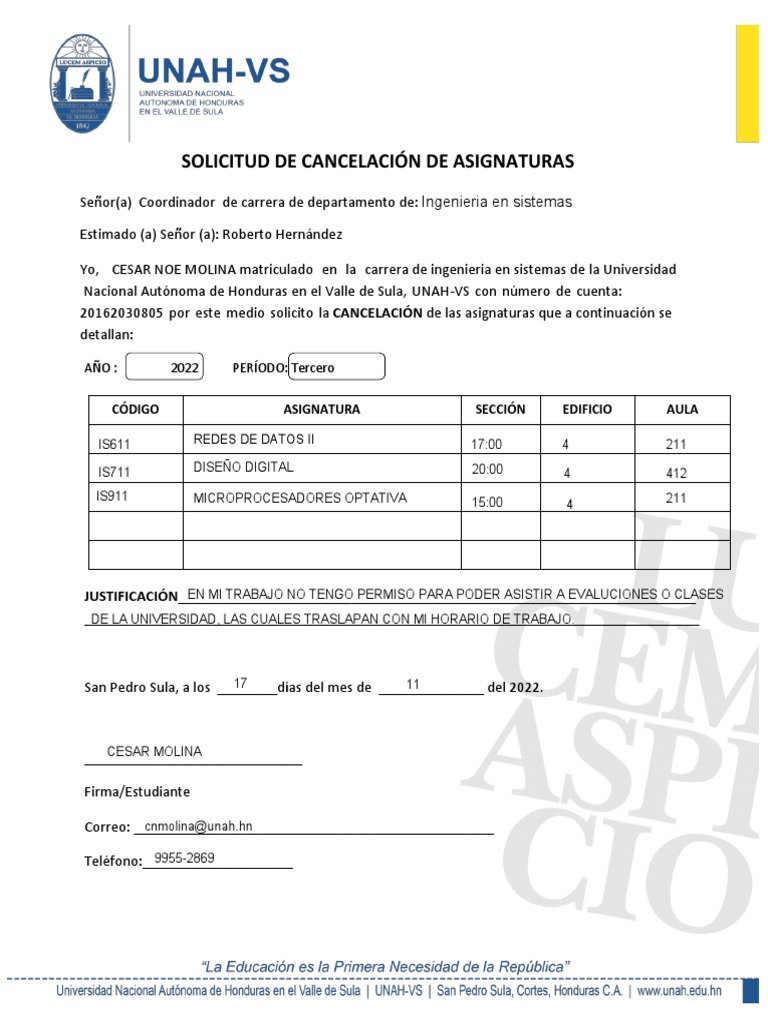 CANCELACION DE ASIGNATURAS Unah | PDF
