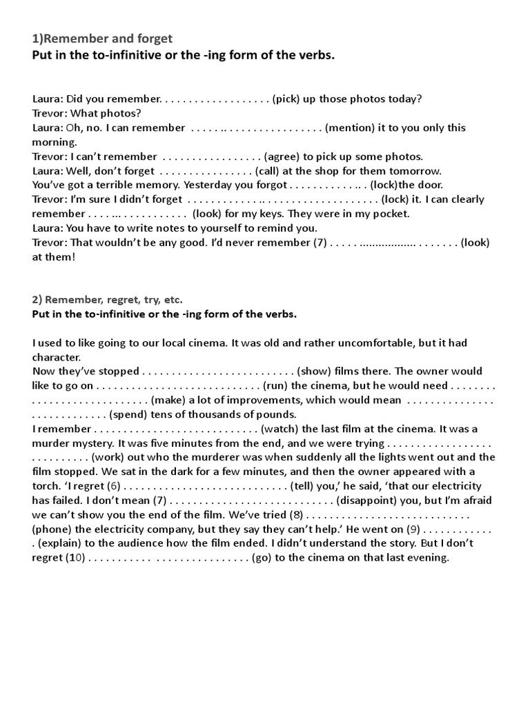 Eng 8 Verb Patterns Ing or Infinitive Forget Remember Try Stop | PDF