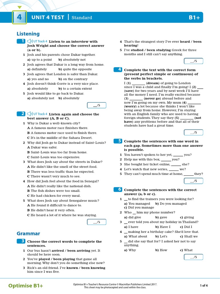 B1+ Unit 4 Test Overview | PDF
