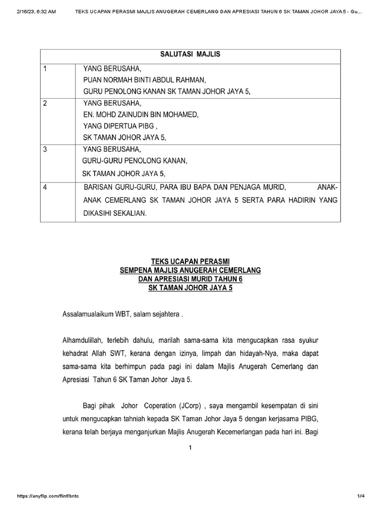 TEKS UCAPAN PERASMIAN MAJLIS APRESIASI SK SENAJA (GB) | PDF