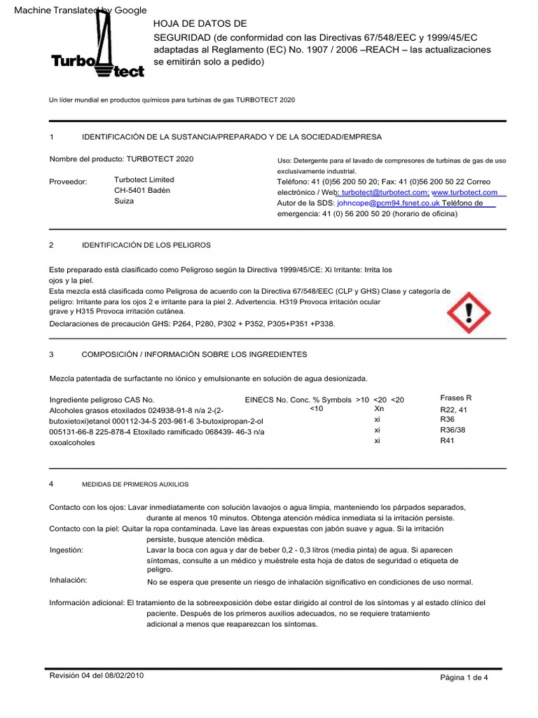 Hoja de Seguridad Turbotect 2020 | PDF | Agua | Mercurio (Elemento)