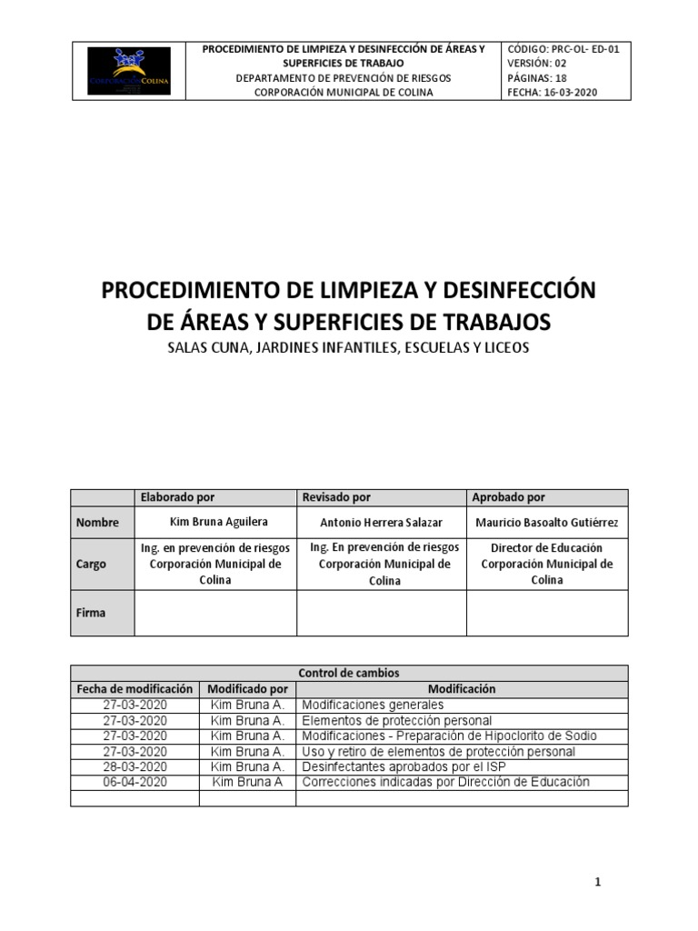 Procedimiento de Limpieza y Desinfección de Áreas y Superficies de Trabajo Establecimientos ...