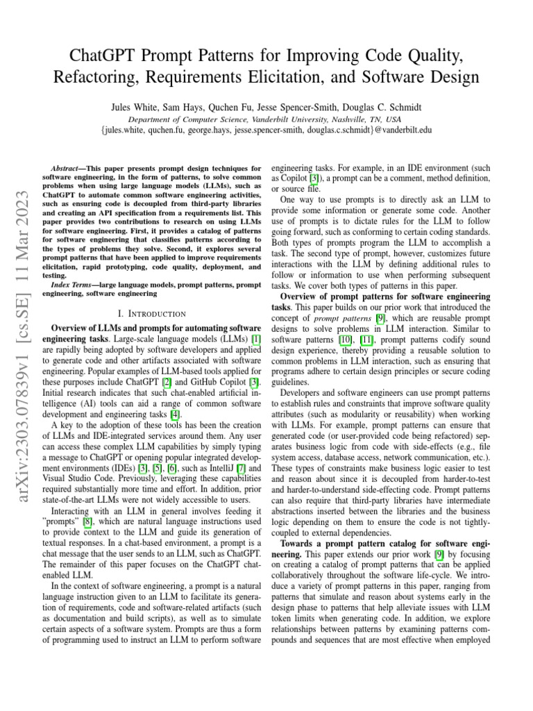 ChatGPT Prompt Patterns For Improving Code Quality, - Refactoring, Requirements Elicitation, and ...