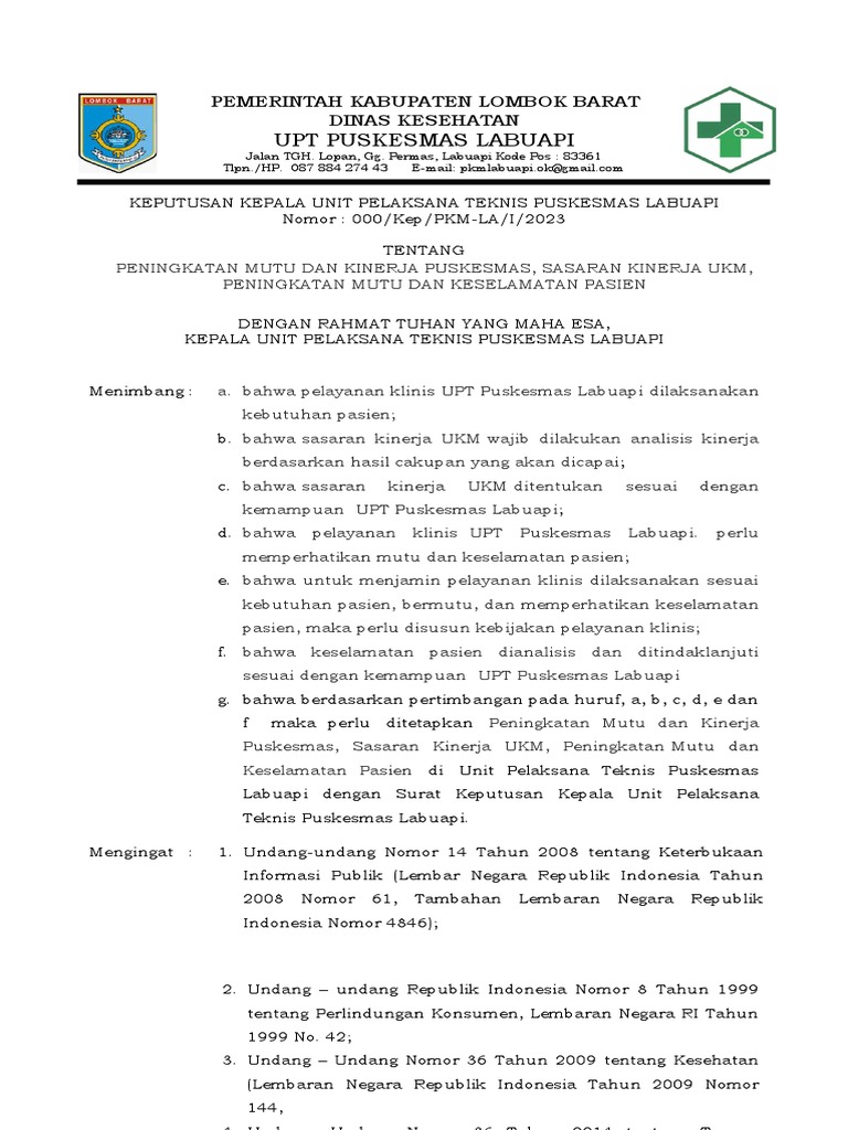 SK Payung PENINGKATAN MUTU DAN KINERJA PUSKESMAS, SASARAN KINERJA UKM, PENINGKATAN MUTU DAN ...