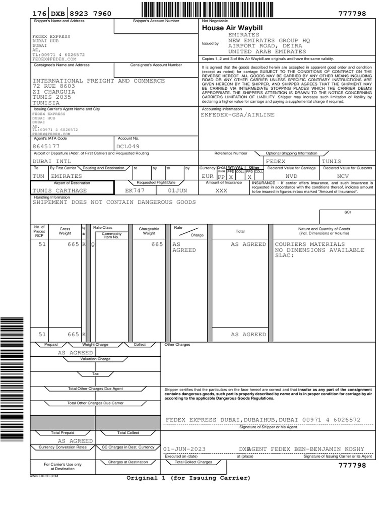 House Air Waybill: Fedex Express Dubai Hub Dubai AE, TL:00971 4 6026572 ...