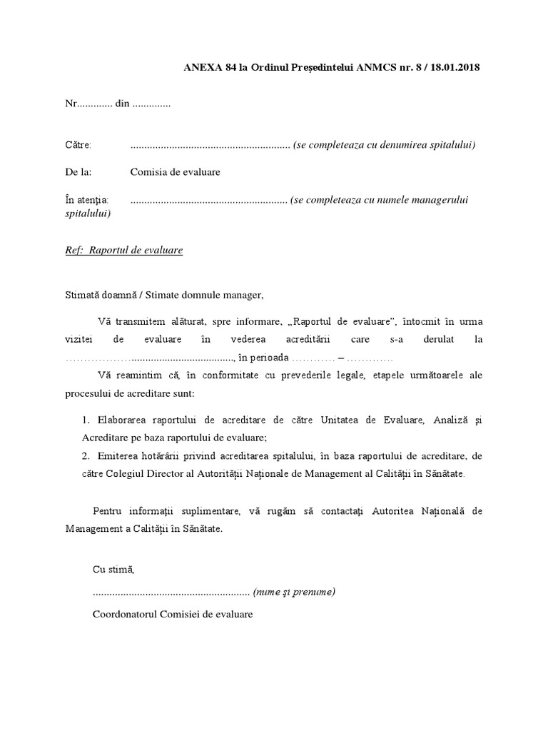 Anexa 84-Adresa de Inaintare A Raportului de Evaluare | PDF