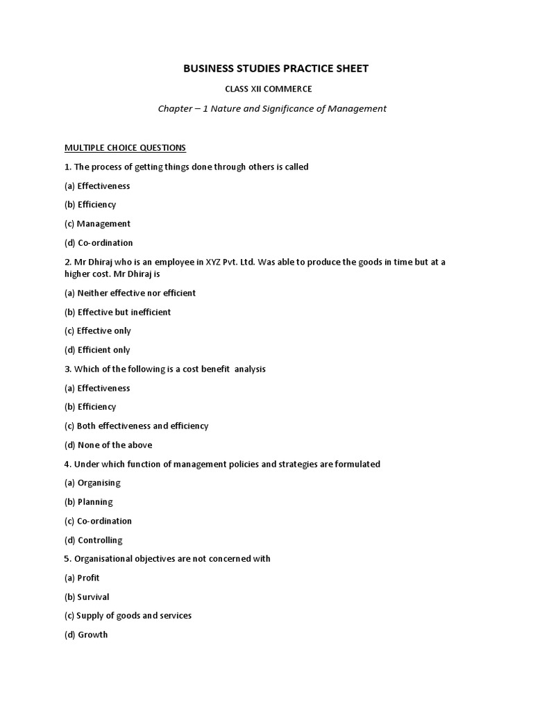 Business Studies Practice Sheet | PDF
