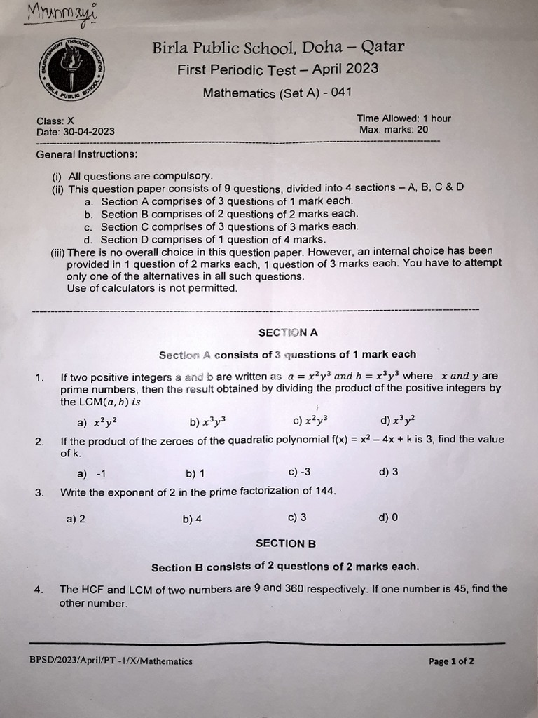 BPS Class 10 PT - 1 Maths Exam Paper - 230530 - 130107 | PDF | Polynomial | Numbers