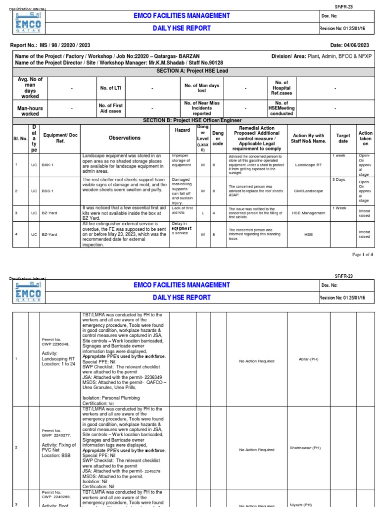 Daily HSE Report | PDF | Occupational Safety And Health | Safety