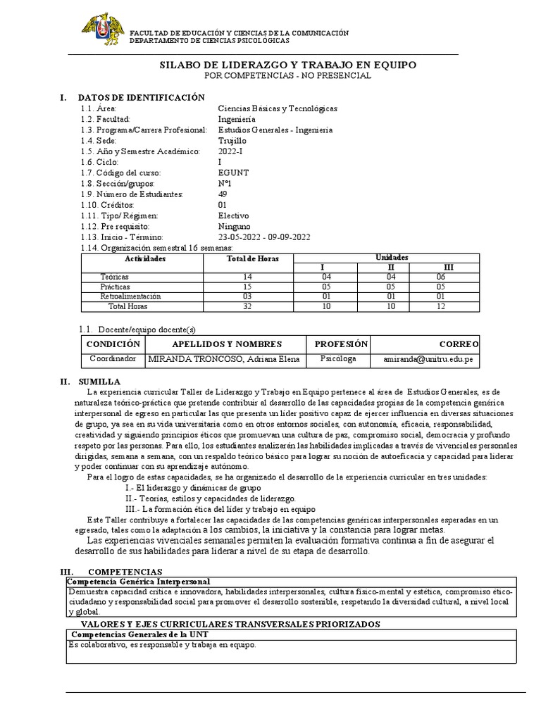 Silabo Liderazgo y Trabajo en Equipo 2022 - I INGENIERIA - GR - 1 2 | PDF