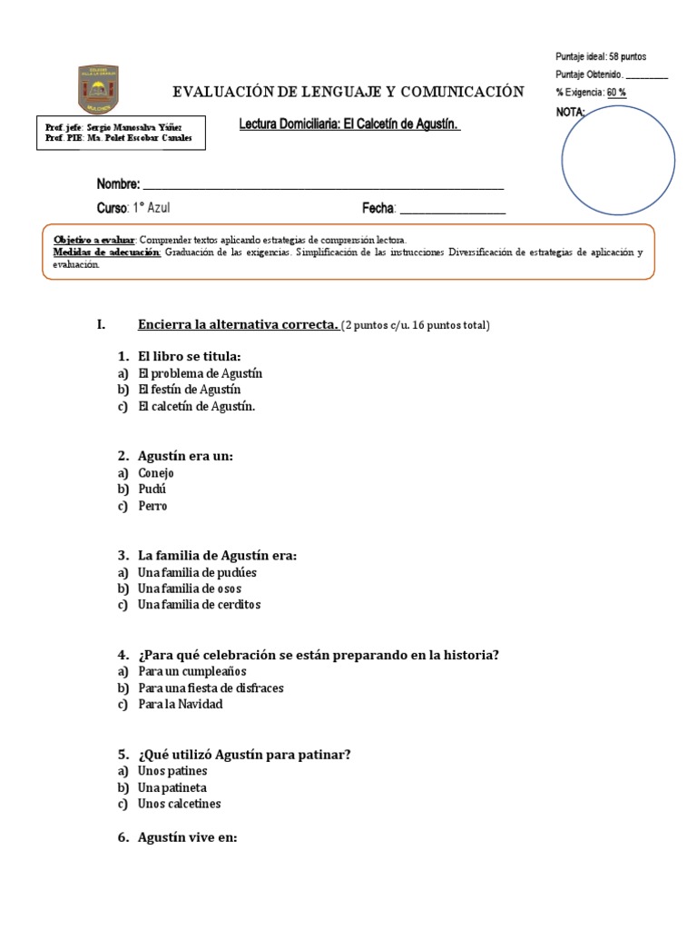 Evaluacion El Calcetín de Agustín | PDF