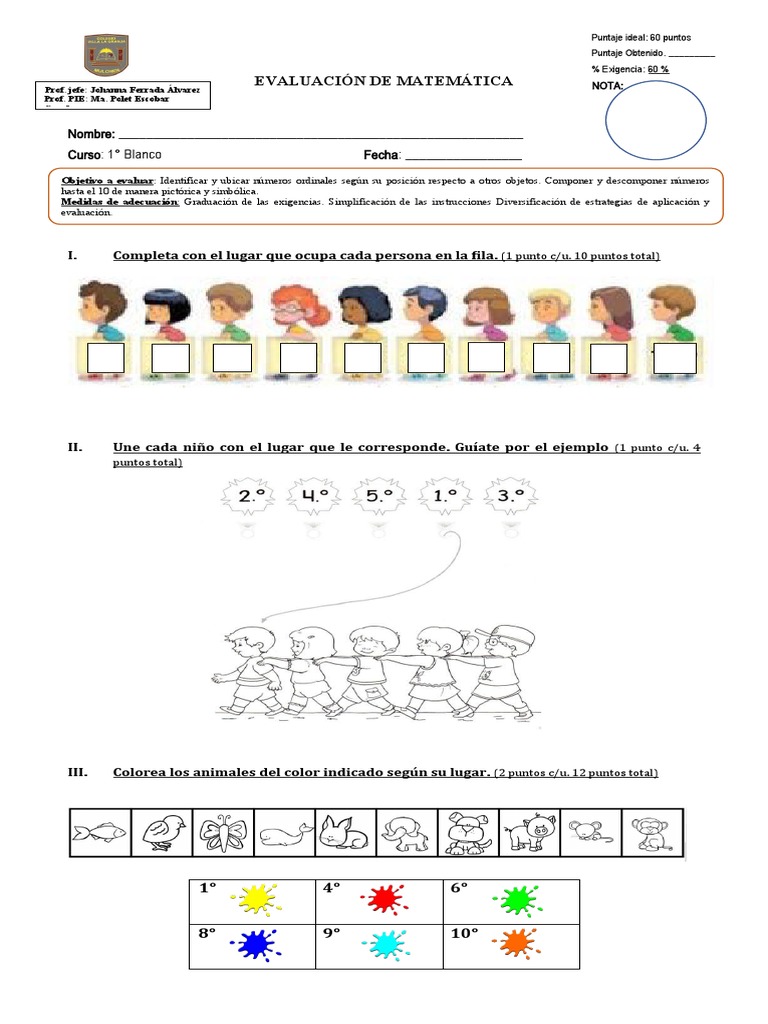 Evaluación de Números Ordinales 1° Básico | PDF