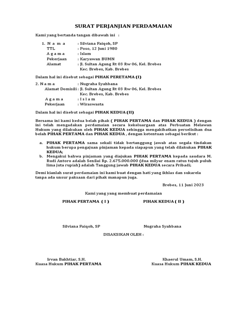 Surat Perjanjian Perdamaian | PDF