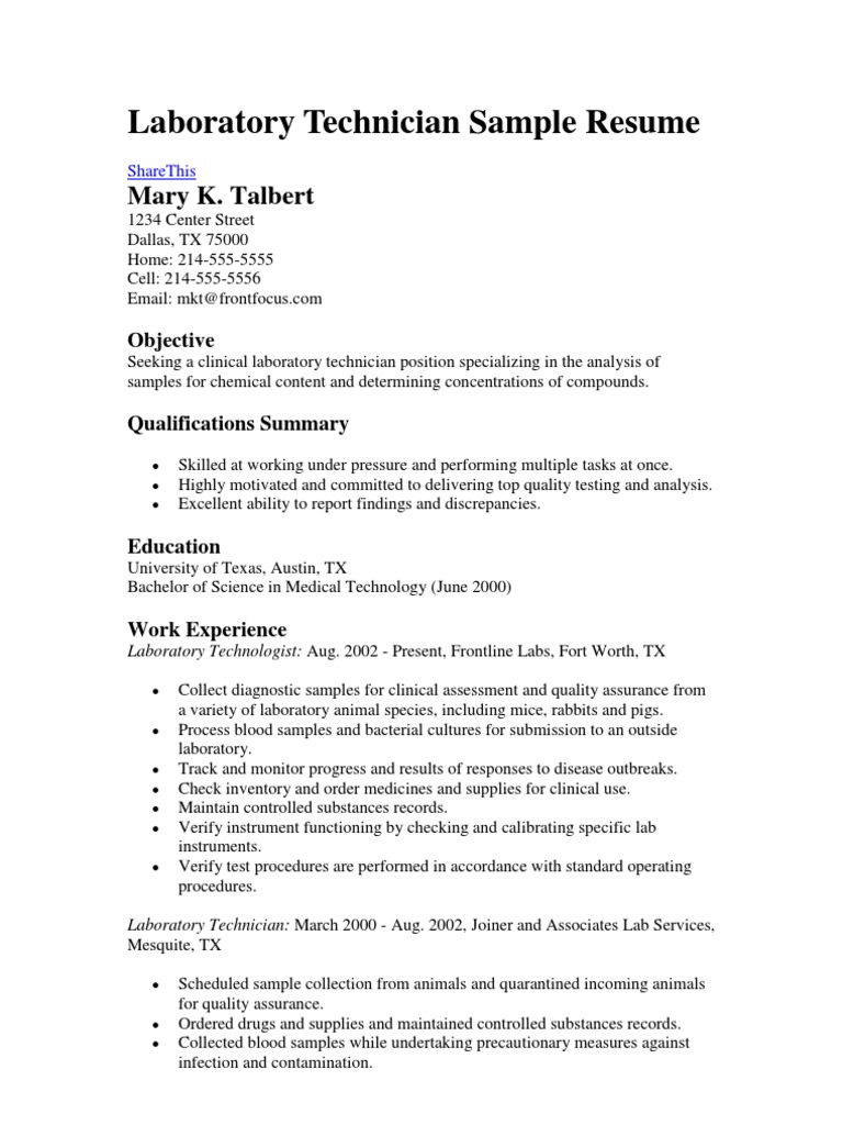 Laboratory Technician Sample Resume | PDF | Laboratories | Experiment